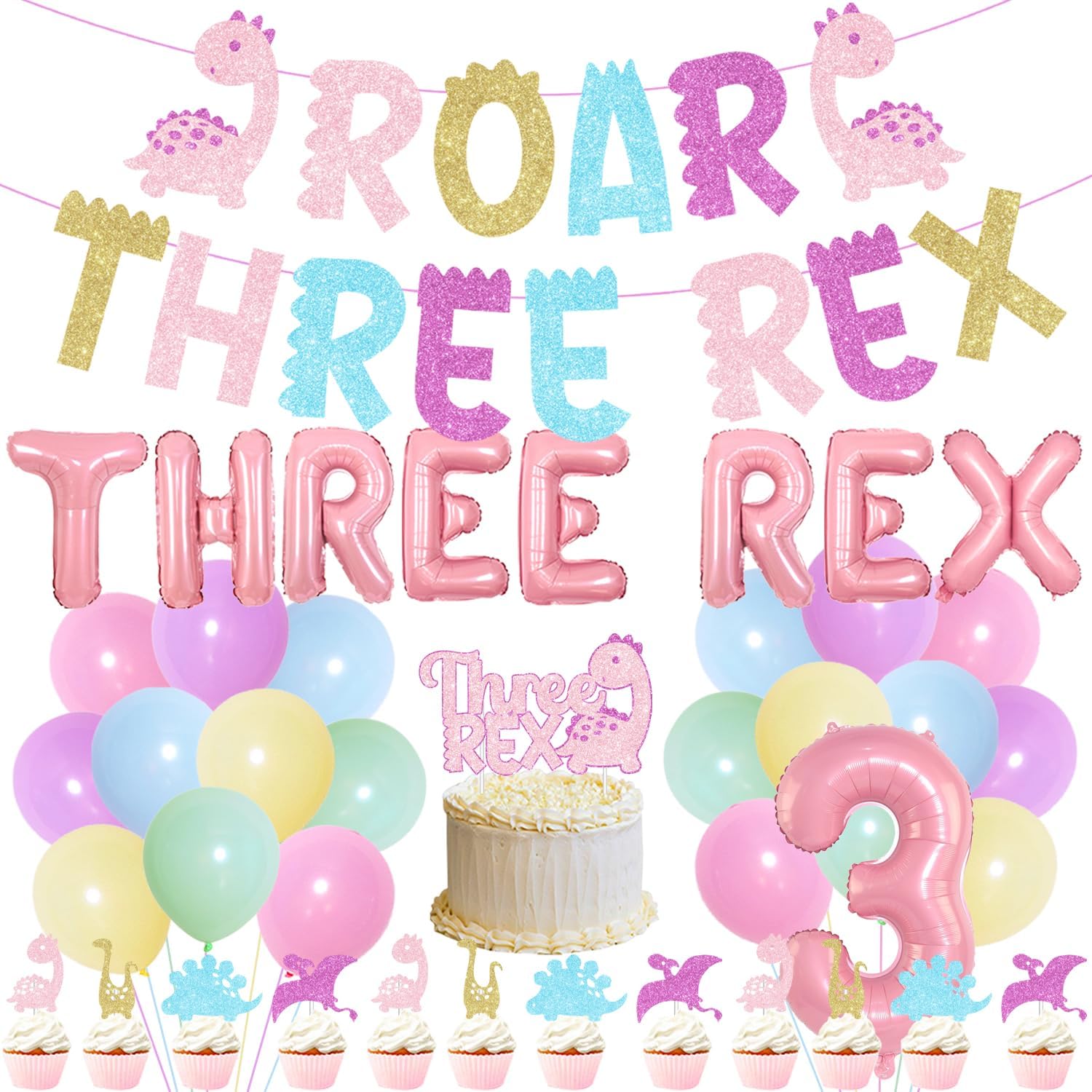 Amazon.com: ROAR THREE REX Glitter Banner, Pink Cute Dinosaur 3rd ...