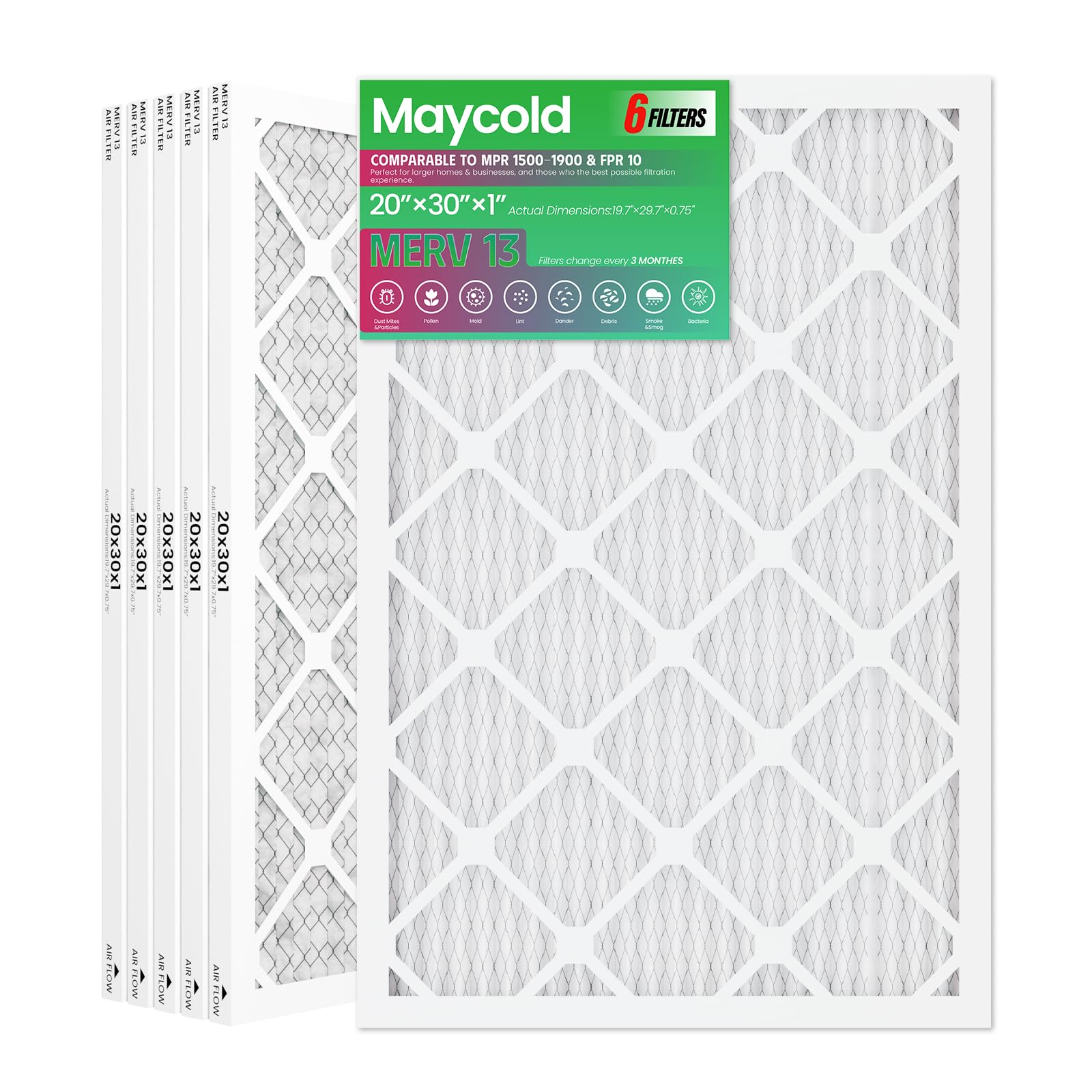 Maycold 20x30x1 Air Filters MERV 13 Efficiency 6-Pack, HVAC AC Furnace ...