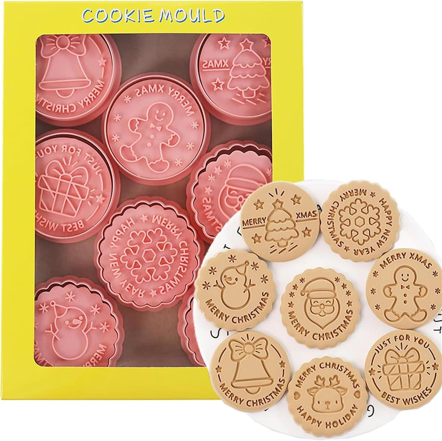 Merry Christmas Cookie Cutters with Plunger Stampers Set, 8 PCS 3D ...
