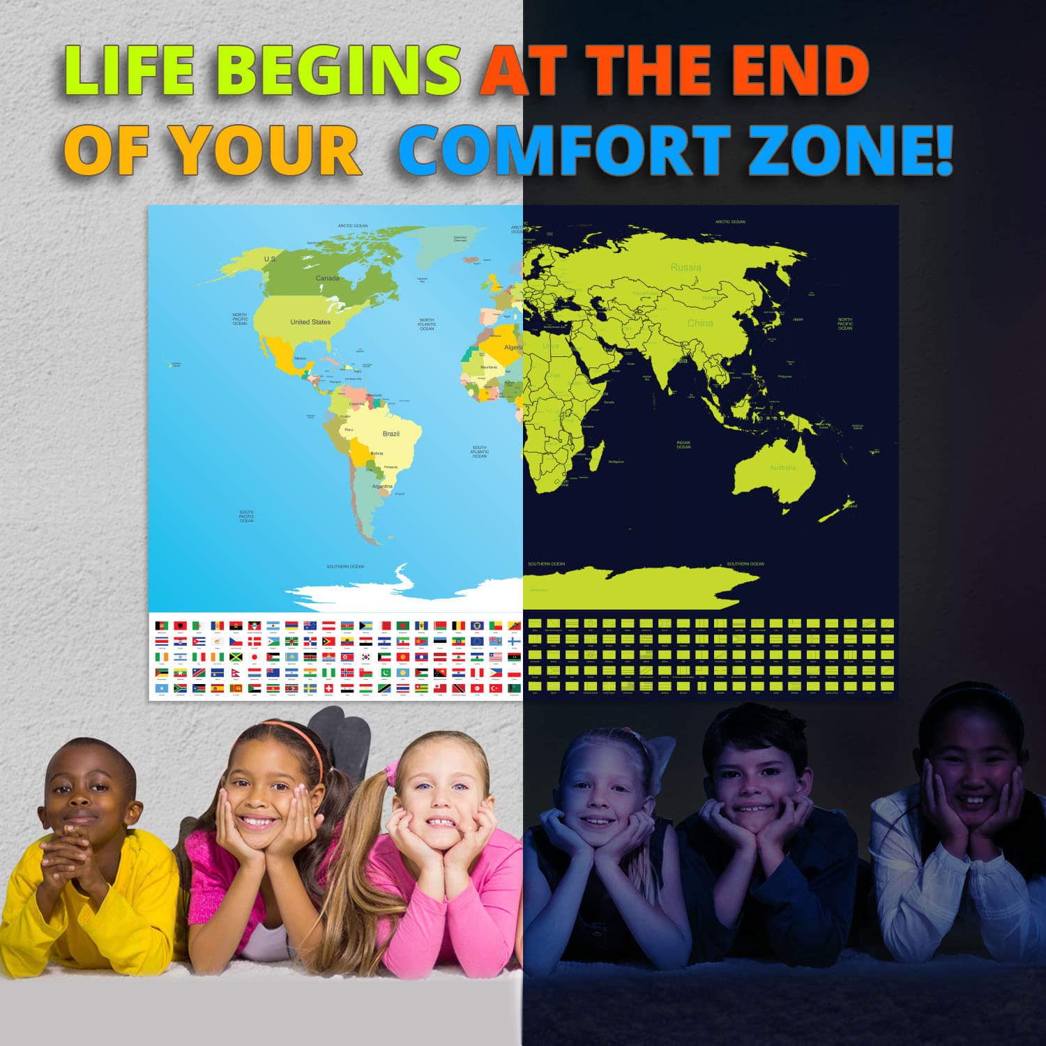 Glow in The Dark World Map Wall Poster For Kids - 16 x 24 Inch ...