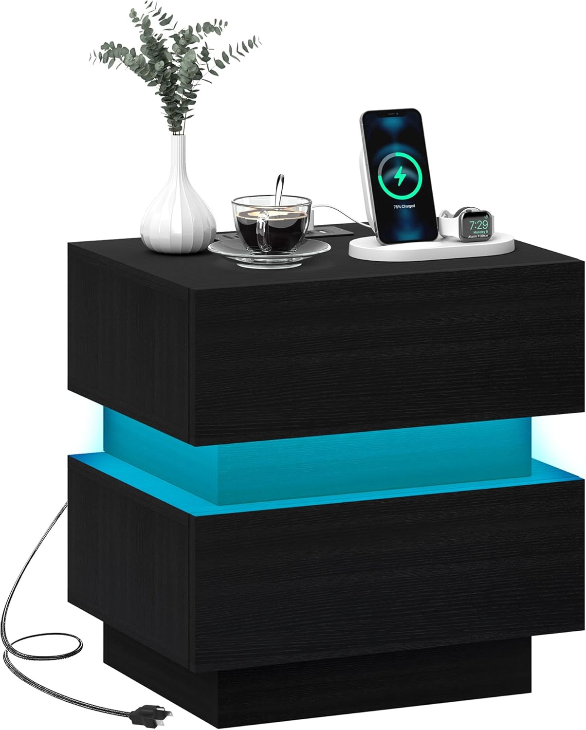 HOMCOM Nightstand with Charging Station and LED Light, Bedside Table ...