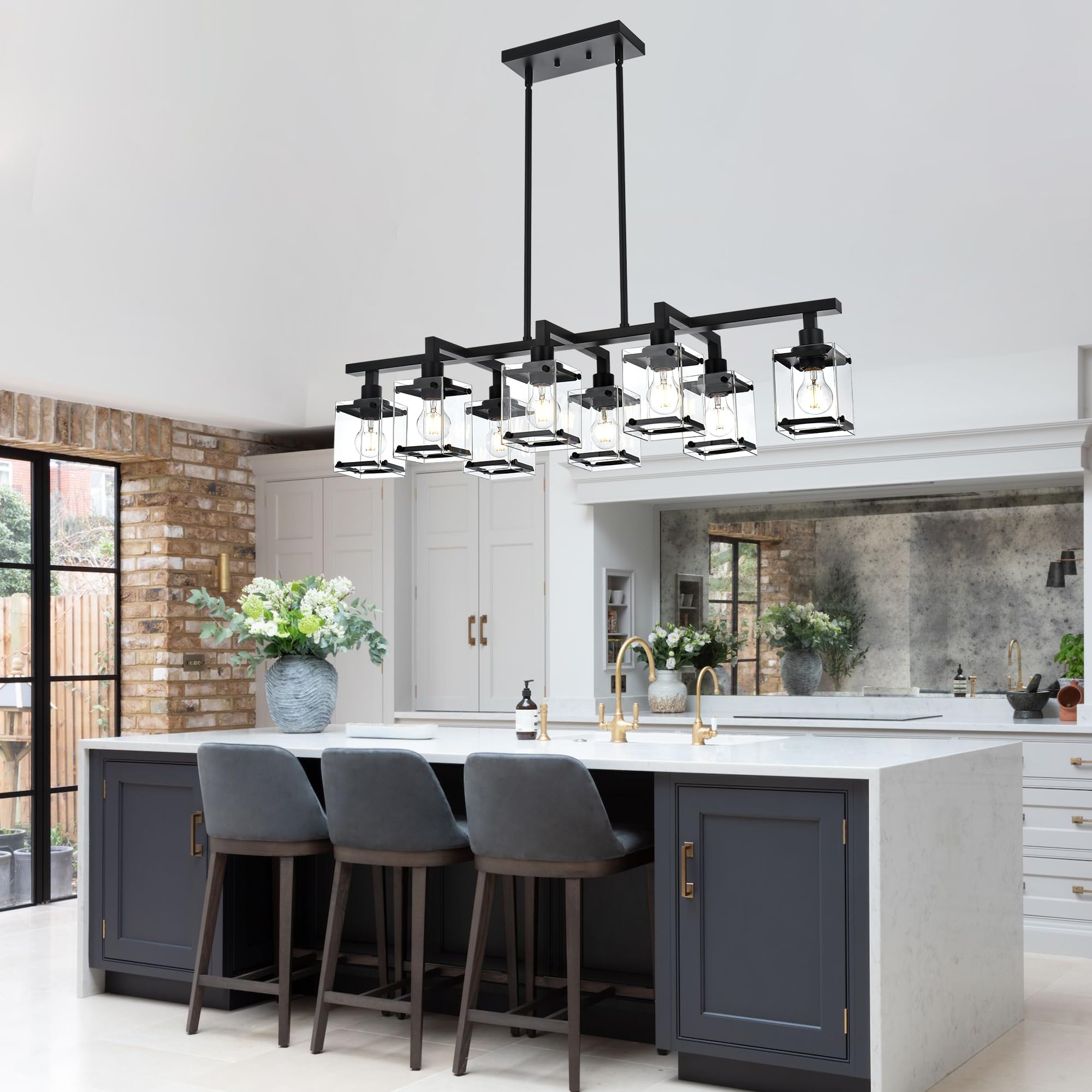 MELUCEE 8 Lights Kitchen Island Lighting with Rectangular Clear Glass ...