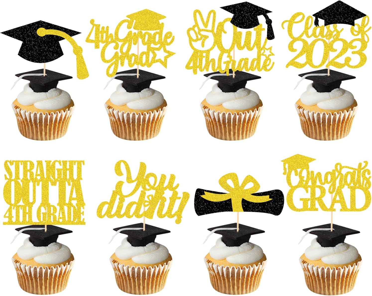 Amazon.com: 4th Grade Graduation Cupcake Toppers, Gold Glitter 4th ...