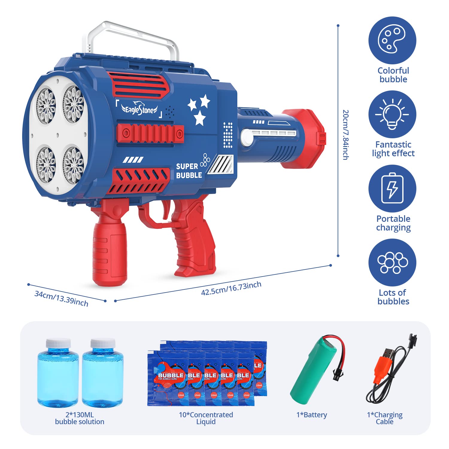 EagleStone Bazooka Bubble Gun for Kids Adults,15000 Bubbles Per Minute, 4 Motors Bubble Machine ...