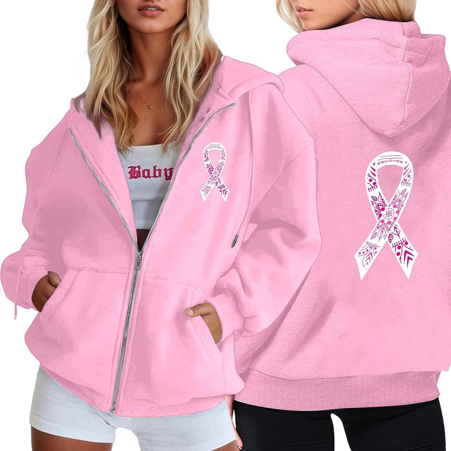 Amazon.com: Breast Cancer Zip Up Hoodie Women Pink Ribbon Graphic ...