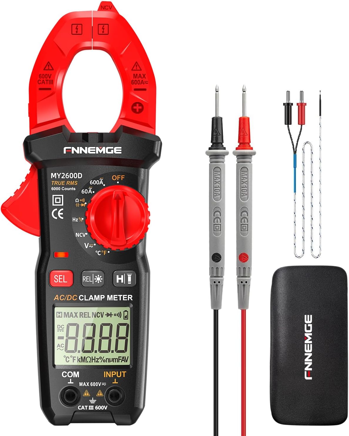 FNNEMGE Digital Clamp Meter DC/AC Current: 0-600A, Multimeter True RMS 6000 Counts, NCV ...