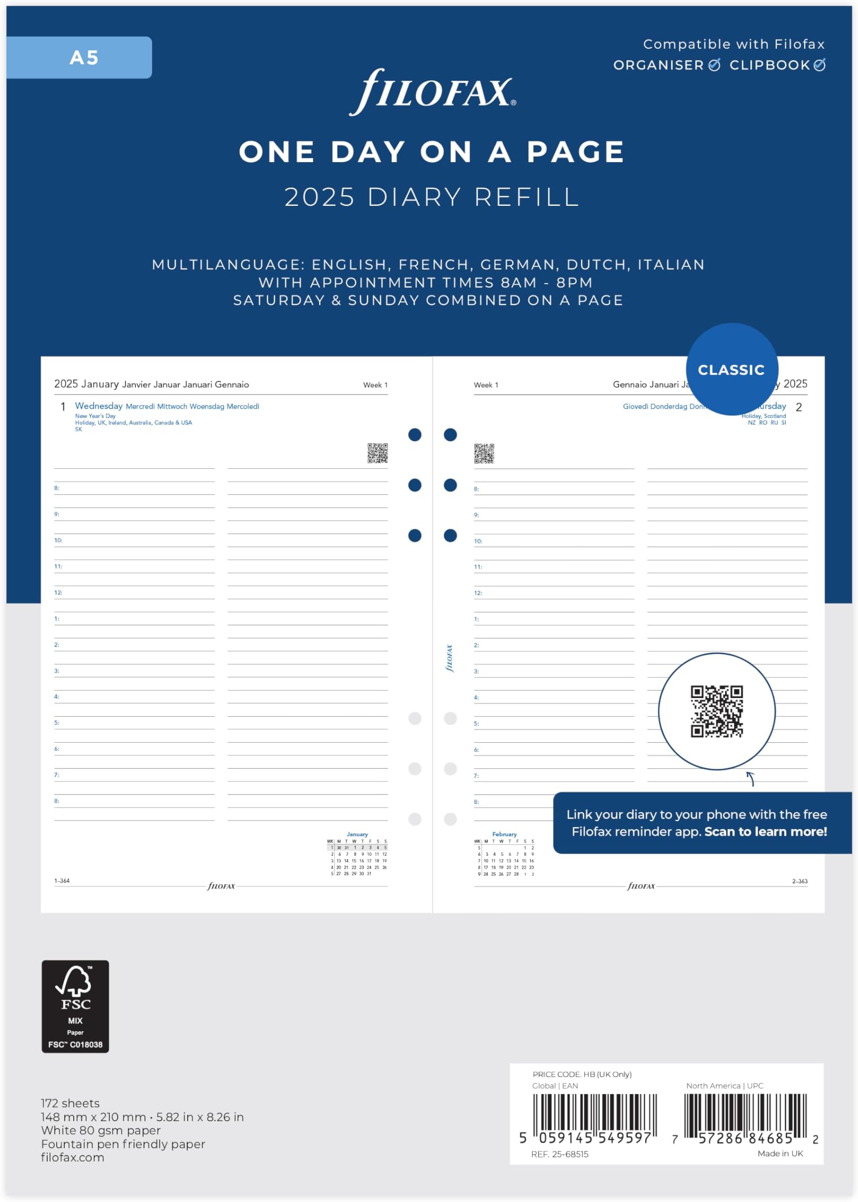 Amazon.co.jp: ファイロファックス システム手帳 リフィル 2025年 1月始まり A5 デイリー ホワイト 25-68515 正規輸入品 : 文房具・オフィス用品