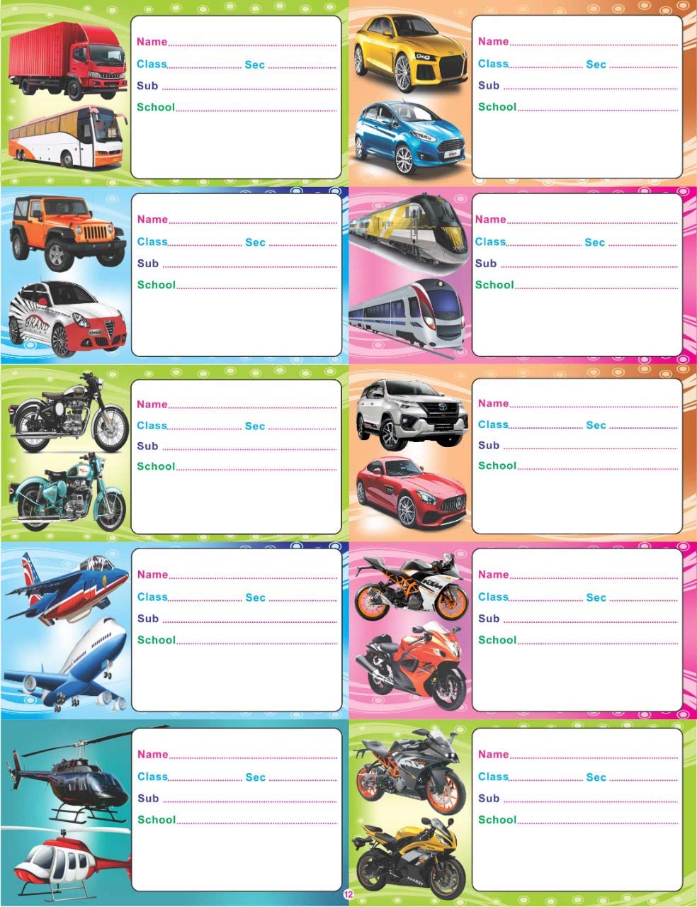 School Labels (Vehicle Pictures) (90mm x 50mm) Labels Count (300 ...