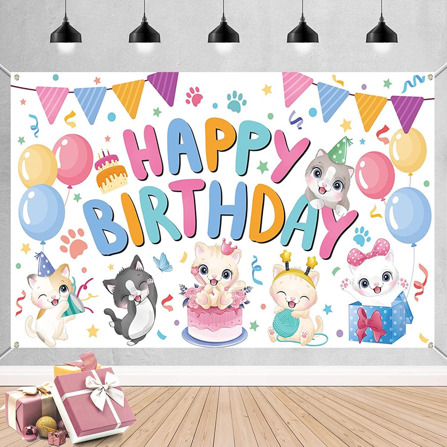 Amazon.com: Cat Happy Birthday Backdrop Kawaii Cartoon Cat Photography ...