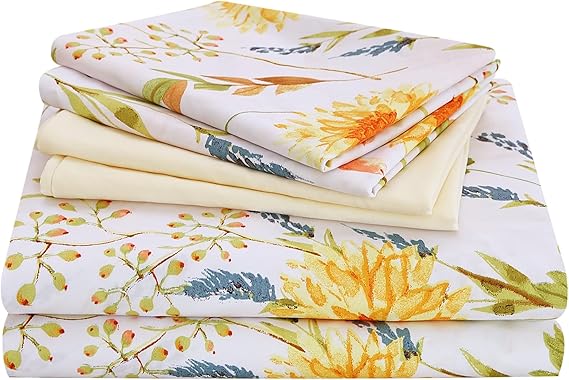 JSD 6 Piece Yellow Floral Print Sheet Set Queen Size, Soft Botanical ...