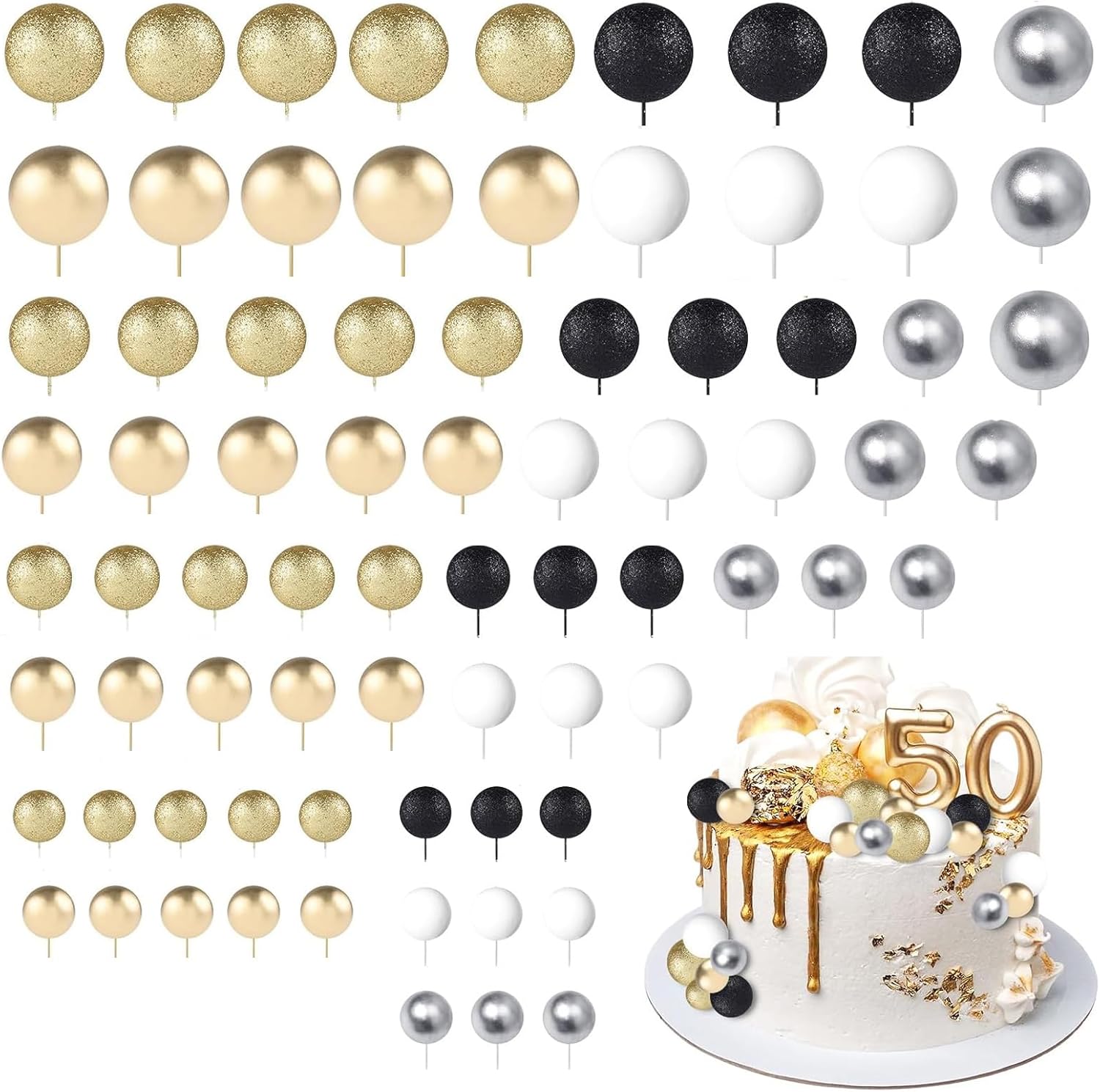 Amazon.com: FRIUSATE 76 Pcs Mini Balls Cake Toppers Gold Ball Cake ...