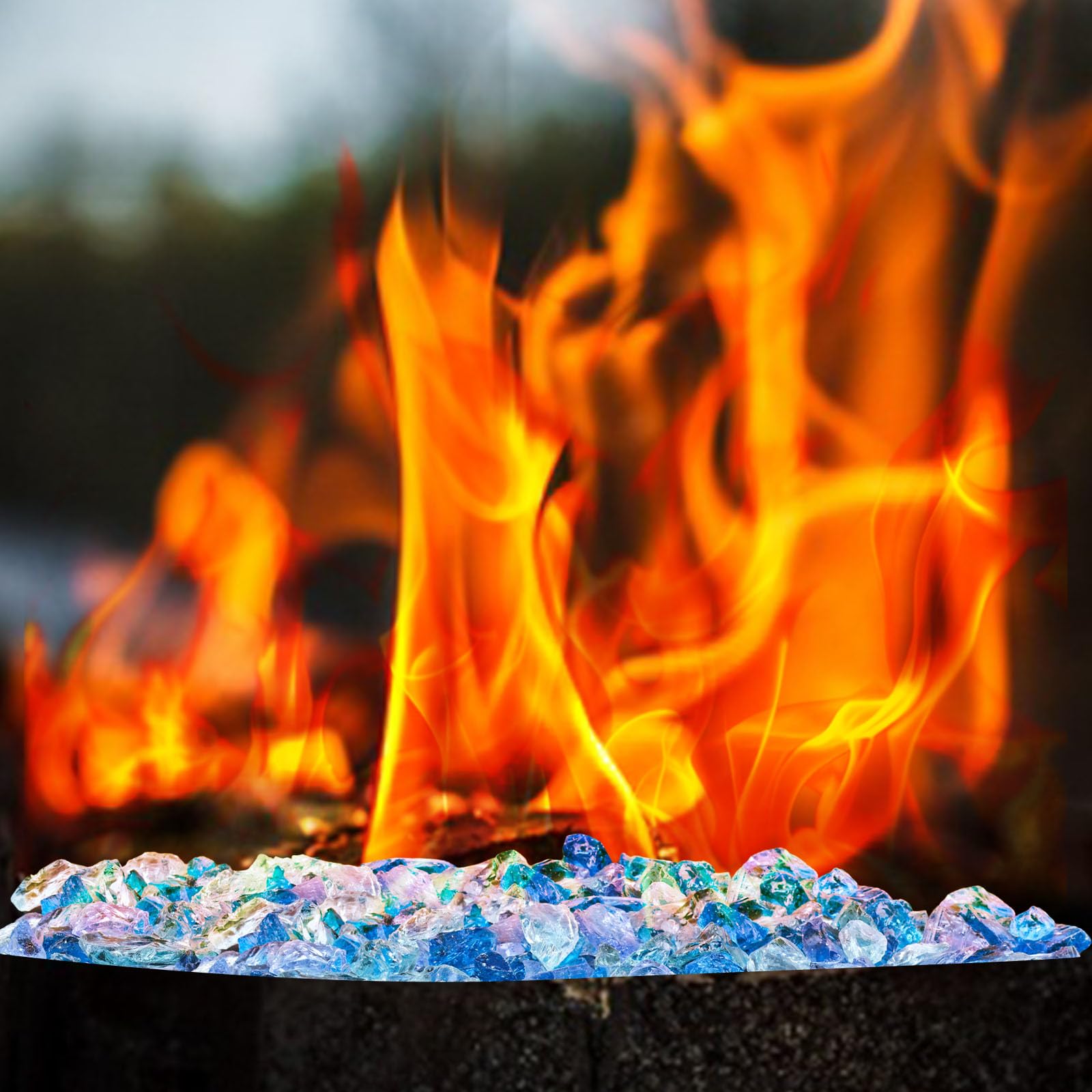 Bright Blue Fire Pit 10 LBS 1/2'' Fire Glass Beads White Blue