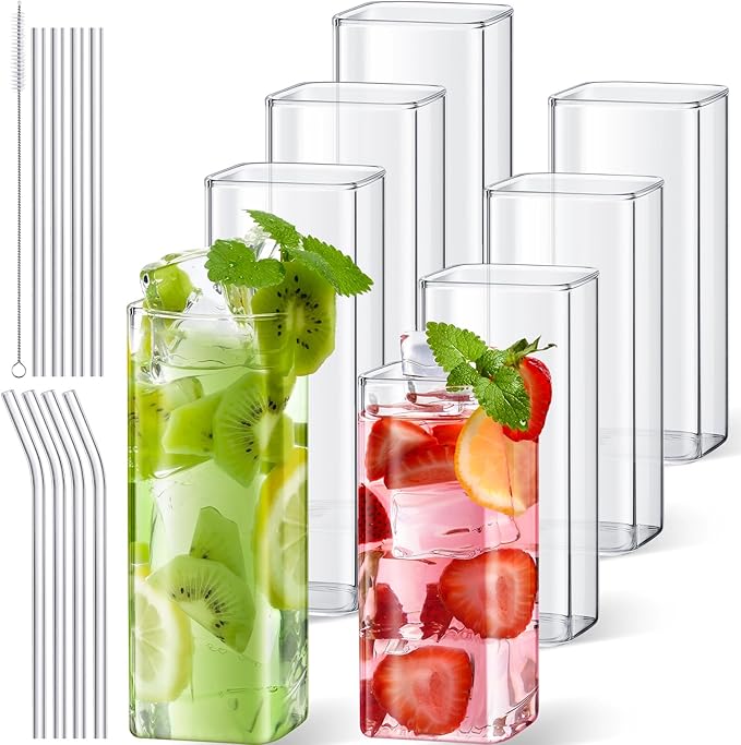 Amazon.com | Tanlade 8 Pcs Square Glasses Drinking 13 oz 17 oz Glass ...