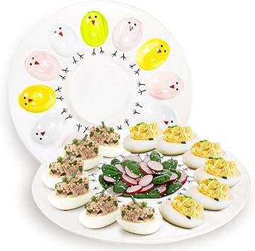 Amazon.com | Hiceeden 2 Pack Ceramic Deviled Egg Platter, 12 Holes ...