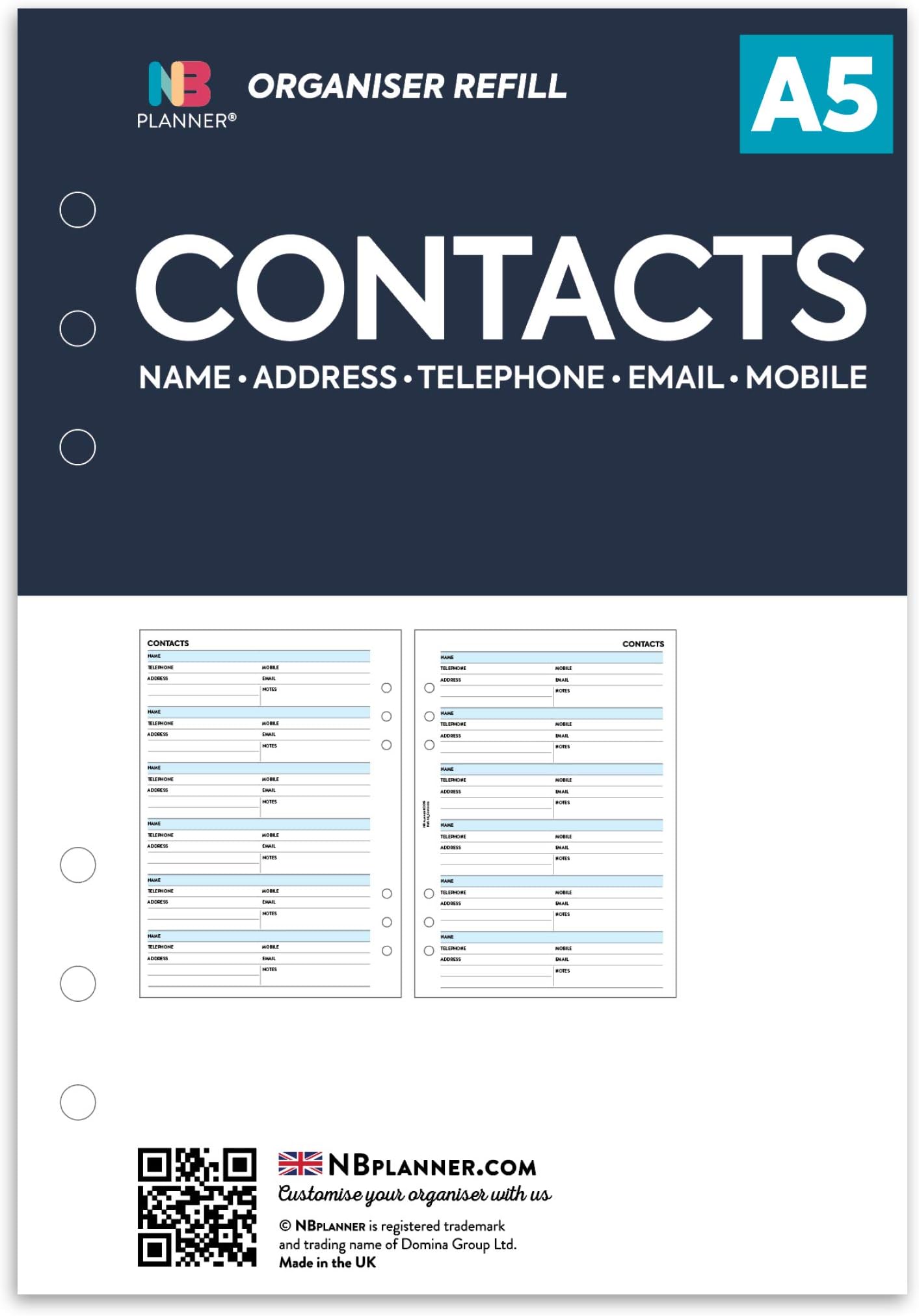 NBplanner A5 Contacts notepaper Organiser Refill Insert Filofax A5 Compatible : Amazon.co.uk ...