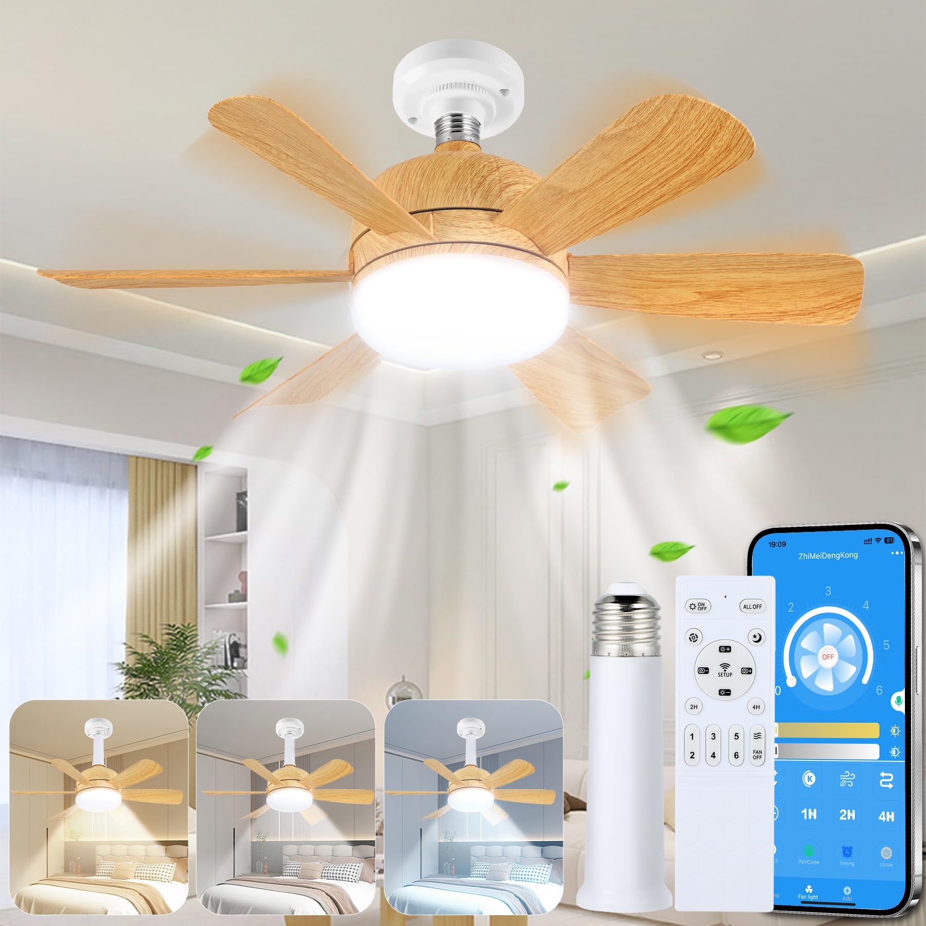 Socket Fan Light, Ceiling Fan Lights with Remote APP, Wood 1800LM ...