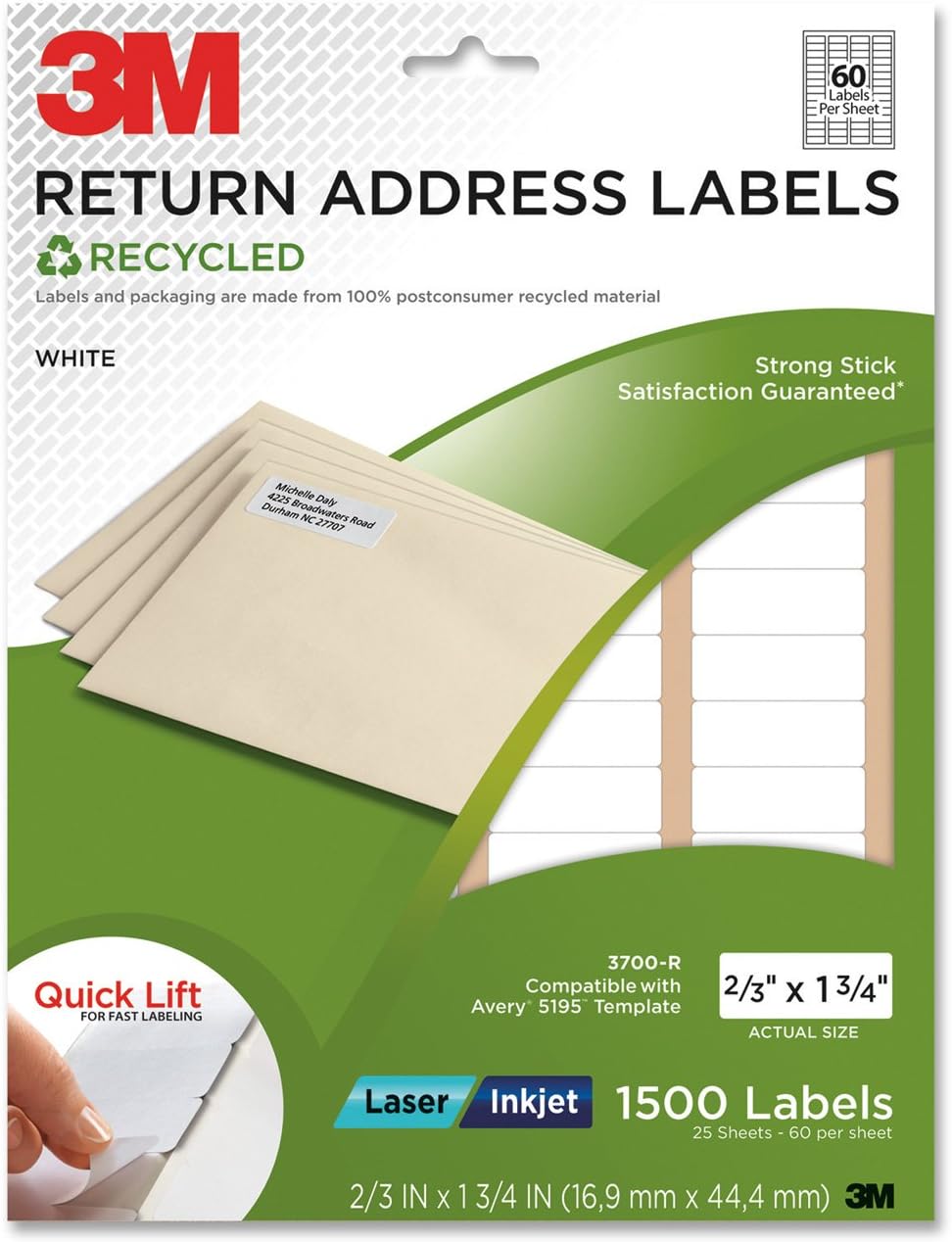 3M 3700-R Permanent Adhesive White Recycled Mailing Label F/Printer- 2 ...