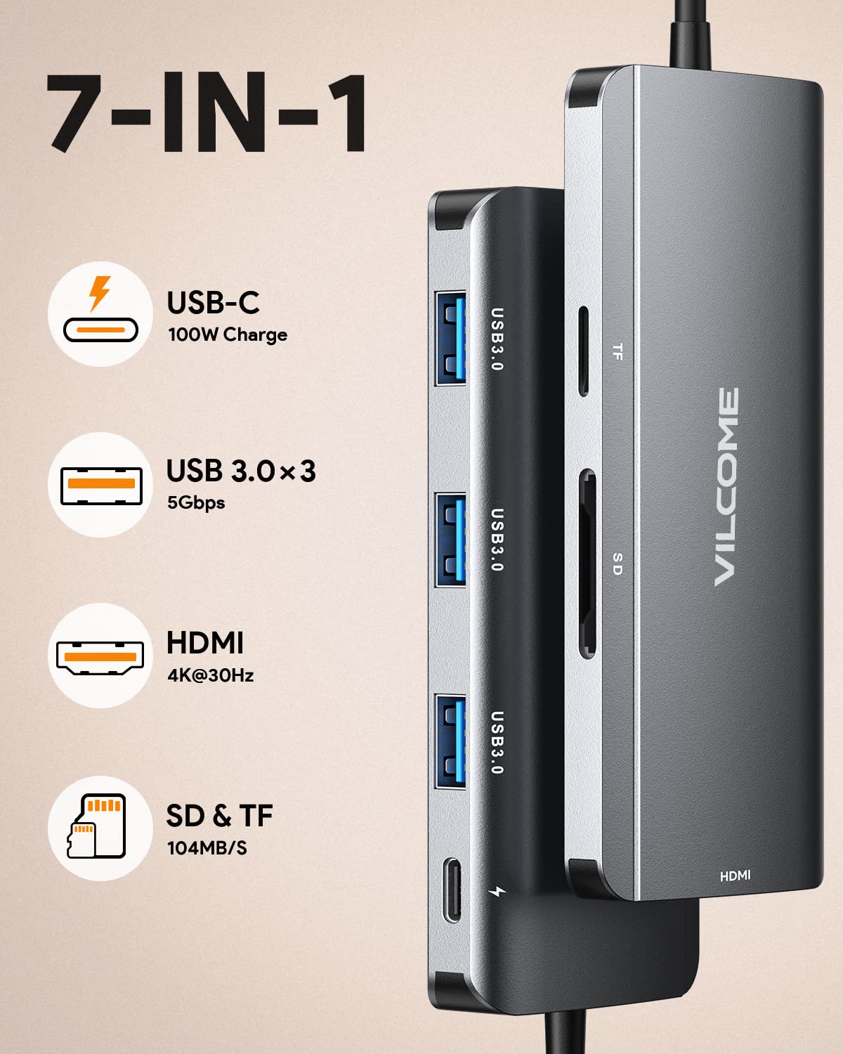 Buy USB C Hub, Vilcome 7-in-1 USB C to 4K HDMI Multiport Adapter, with ...