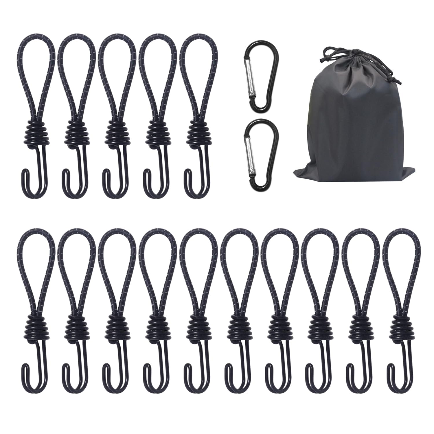 15 Bungee Cords, 1 Storage Bag, 2 Carabiner, Elastic Band with Spiral ...