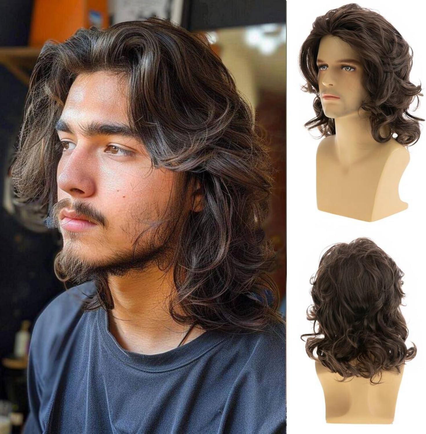 Amazon.com : Baruisi Long Brown Wigs for Men Synthetic Layered Wavy ...