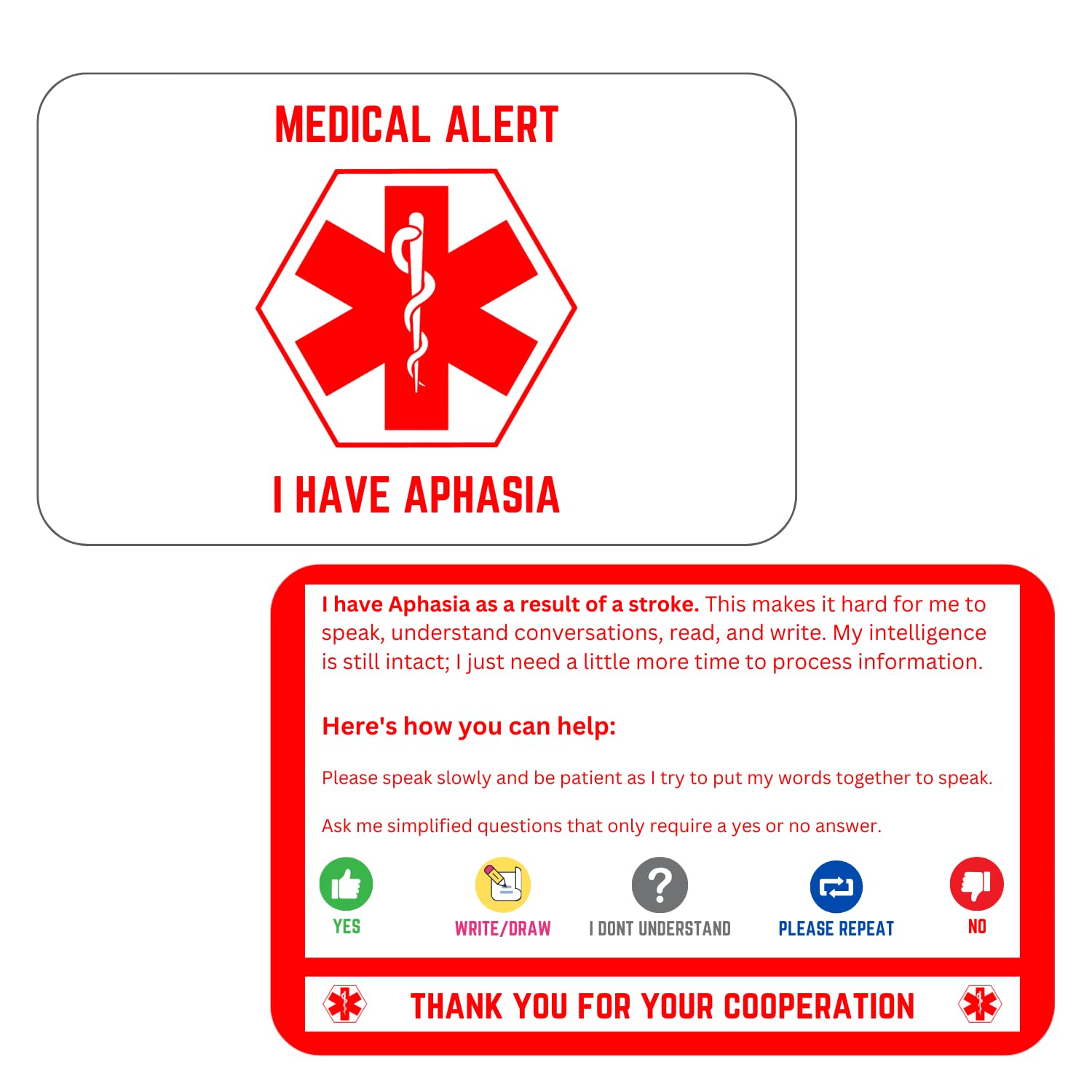 Amazon.com: Aphasia Medical Alert Communication Wallet Card, 2 Pack ...