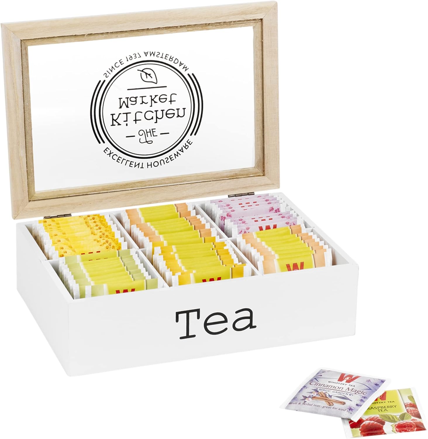 Wooden Tea Box 6 Section Clear Lid Compartments Container Bag Spice Set ...