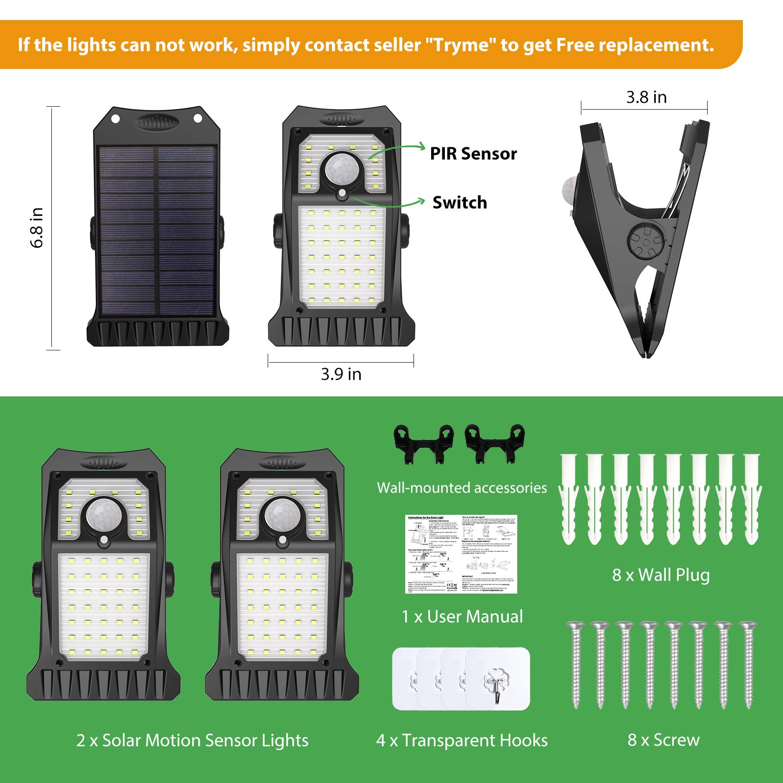 Tryme 45LEDs Solar Lights Outdoor Clip Motion Sensor Lights 3 Modes 3 ...