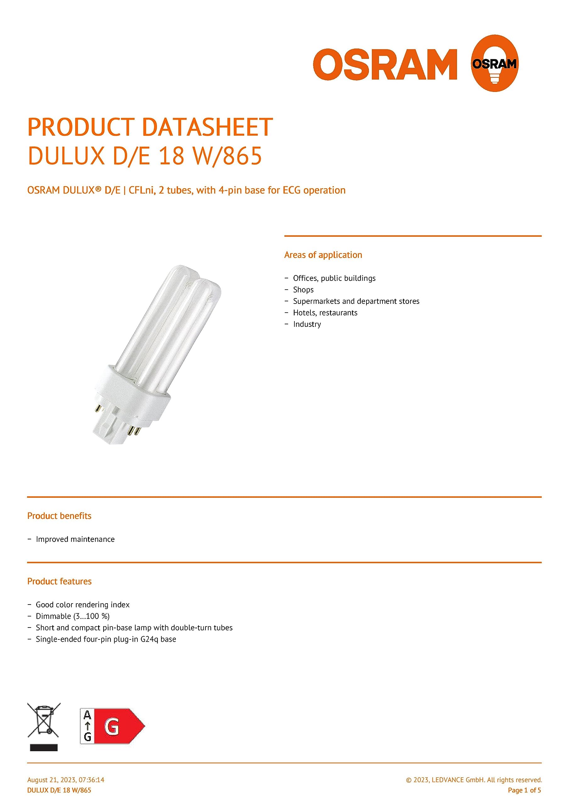 Osram 18.7 Watt 4 Pin Compact Fluorescent Daylight White 865 Light ...
