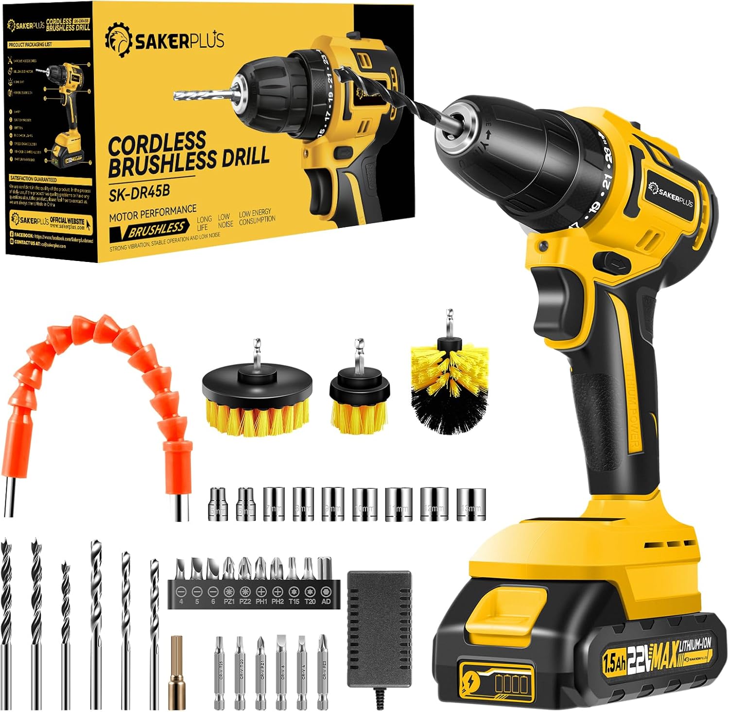 SakerPlus Cordless Drill Set with Drill Bits,20V Brushless Electric ...