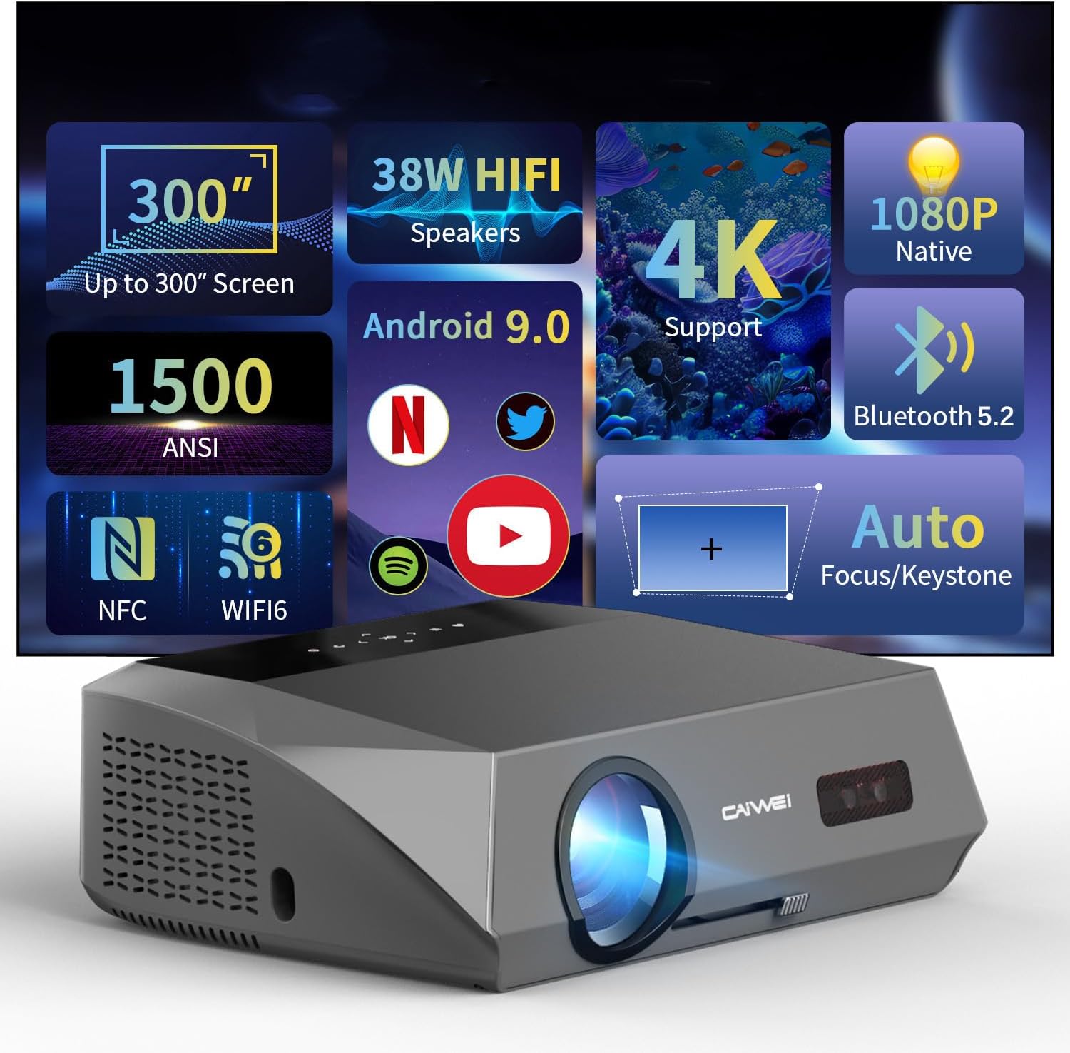 Amazon.com: Smart 4K Projector 1400ANSI Lumens for Daylight Viewing ...