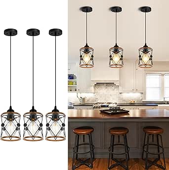 SEABLE Farmhouse Pendant Light, Rustic Pendant Lights Kitchen Island, Pendent Light with Wooden ...