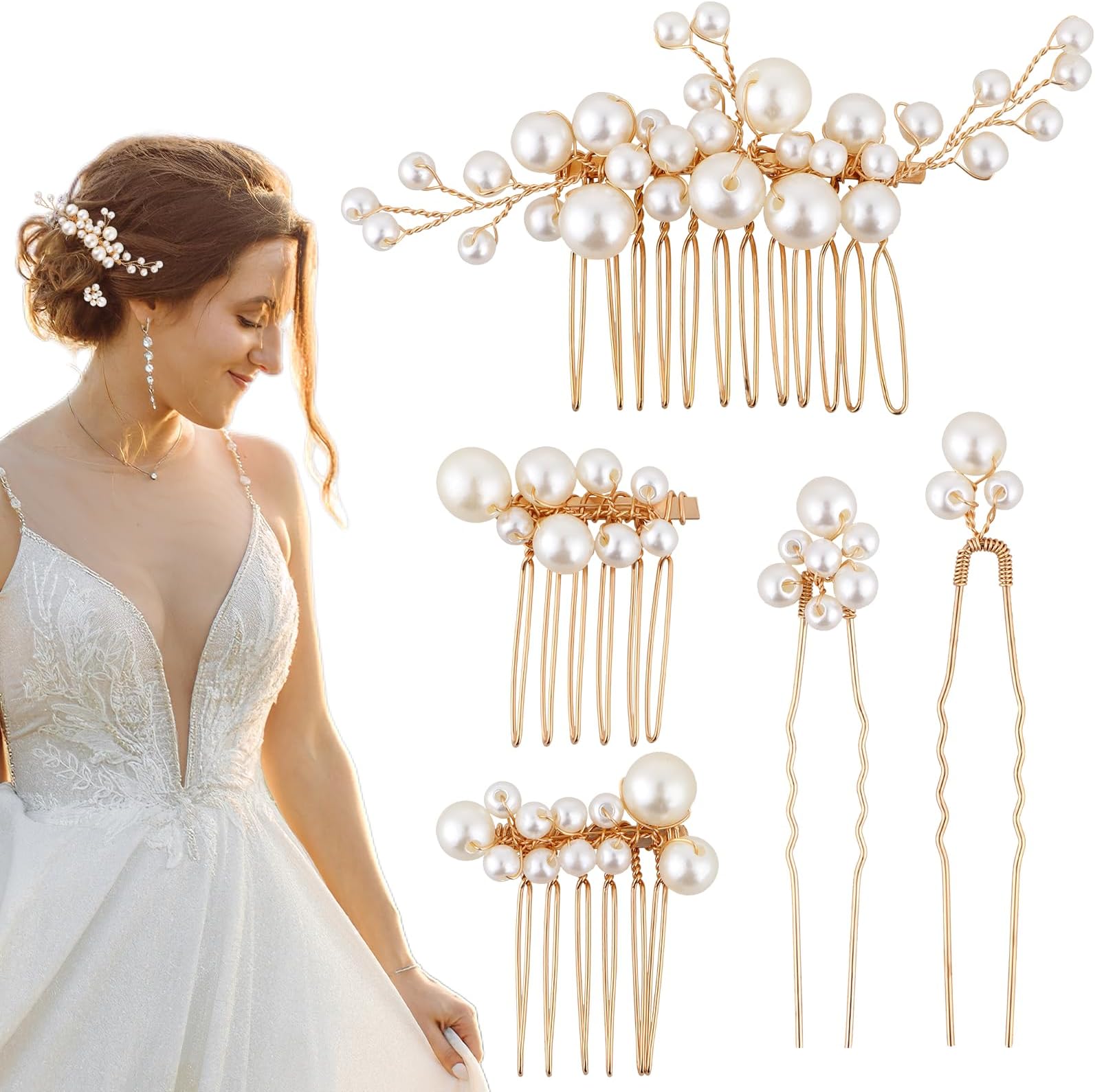 Amazon.com : Andibro 5 Pcs Pearl Bride Wedding Hair Comb, U Shape ...