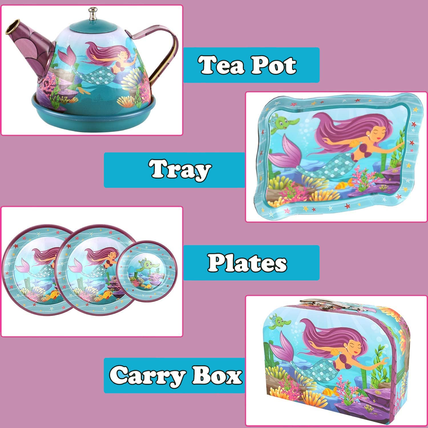 Snapklik.com : Mermaid Teapot Set For Kids Tea Party Kitchen Pretend Play