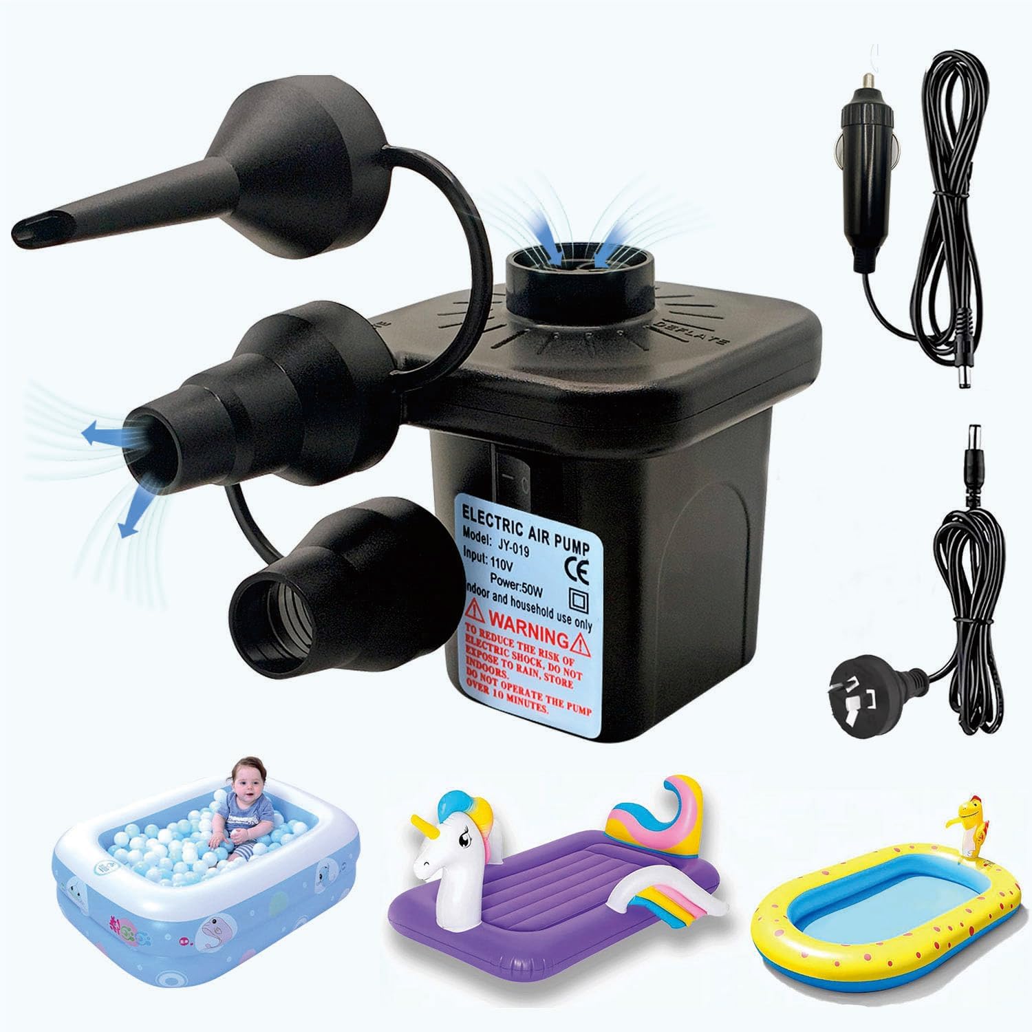 Electric Air Mattress Pump Portable Quick-Fill Air Pump with 3 Nozzles ...