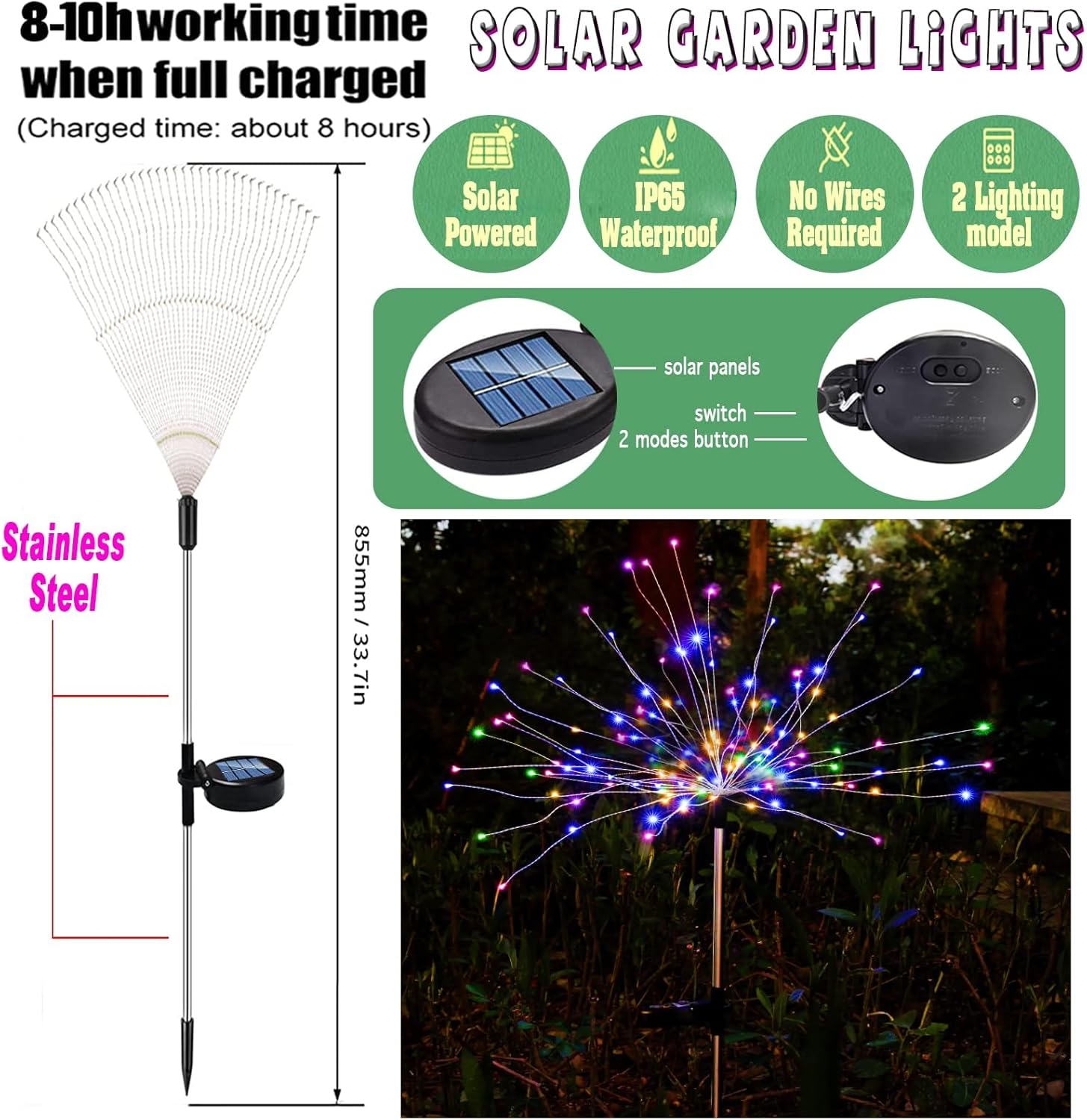 Honche Fuegos artificiales solares mejorados, 120 luces LED, con ...