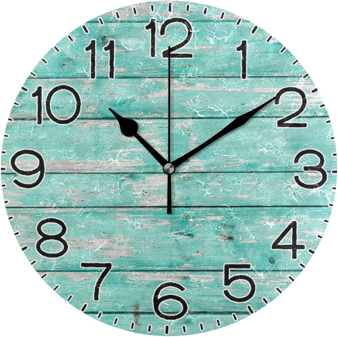 Amazon.com: ALAZA Teal Green Blue Wood Wall Clock Battery Operated Non ...