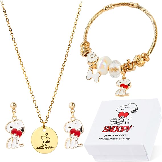Peanuts Snoopy Jewellery for Women Teenagers, 3 Pcs Set Gold Necklace ...