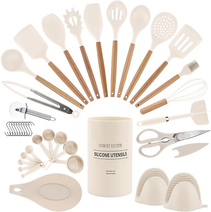 Amazon.com: Country Kitchen Non Stick Silicone Utensil Set with Rounded ...