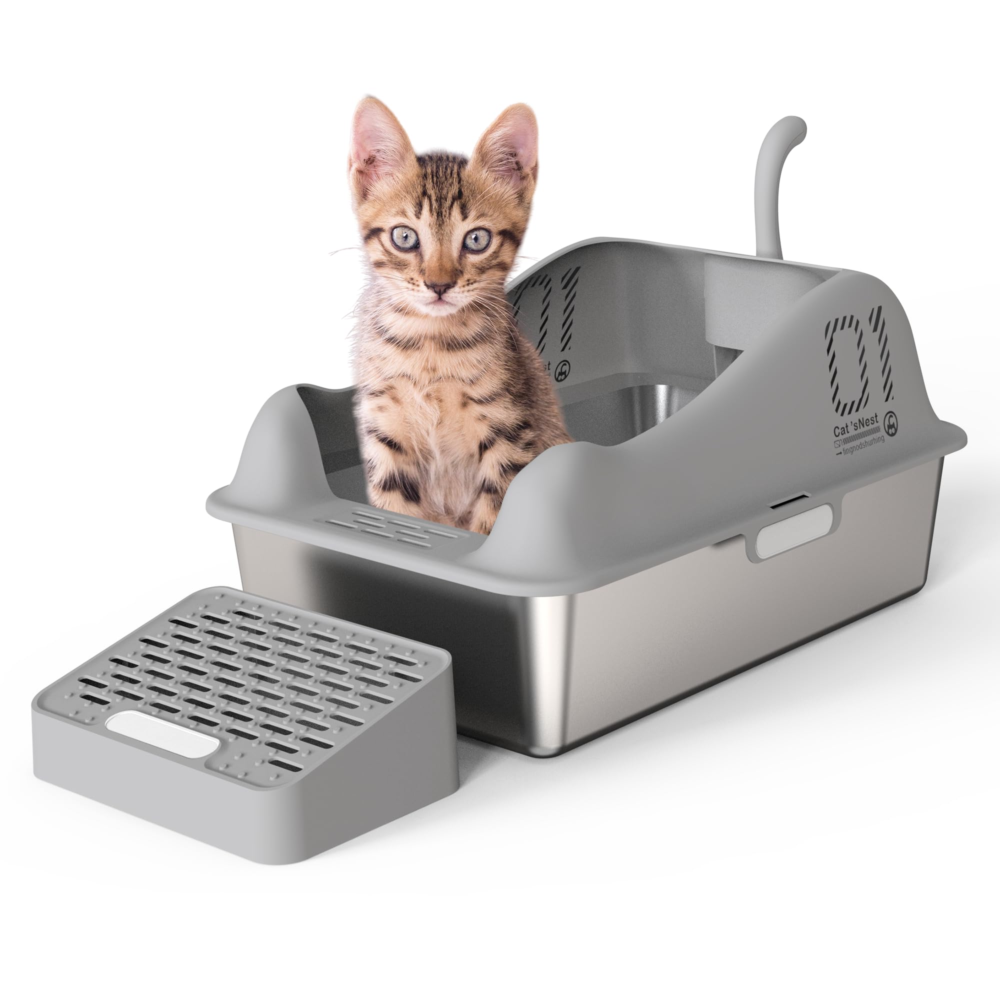 Extra Large Stainless Steel Cat Litter Box, 60Lx40Wx31H 32L Litter Box for Big Cats, Footboard ...