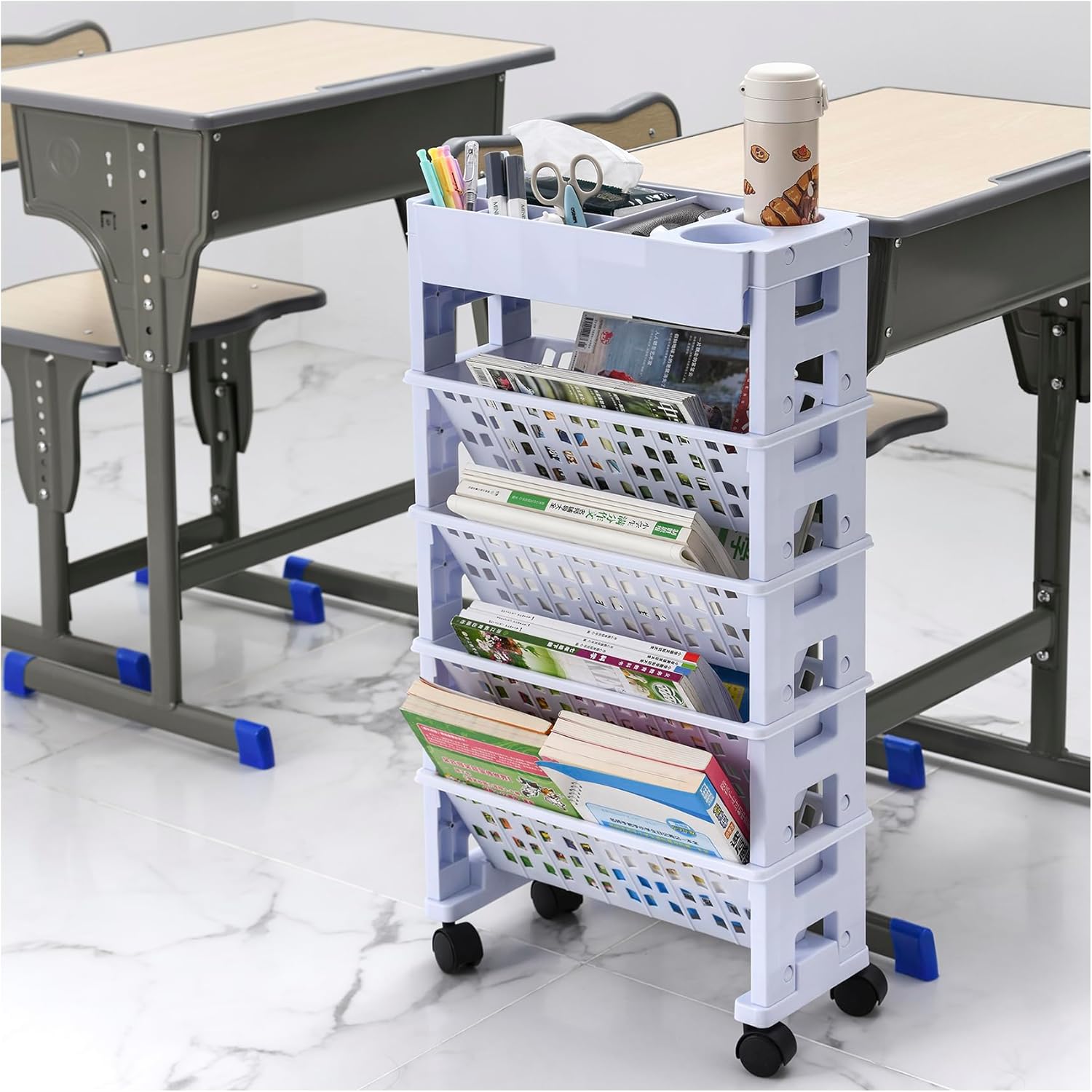 Amazon.com: 5 Tier Book Rack Storage Bookshelf Movable Bookshelf Cart ...