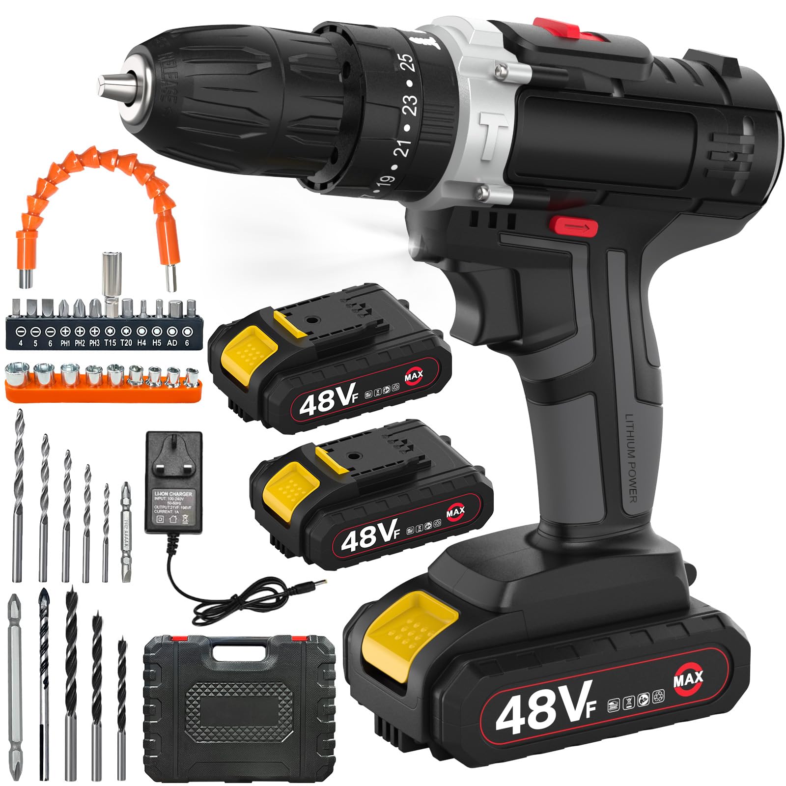 perforlld 48V Cordless Drill, Power Hammer Drills Set with 2 Batteries ...
