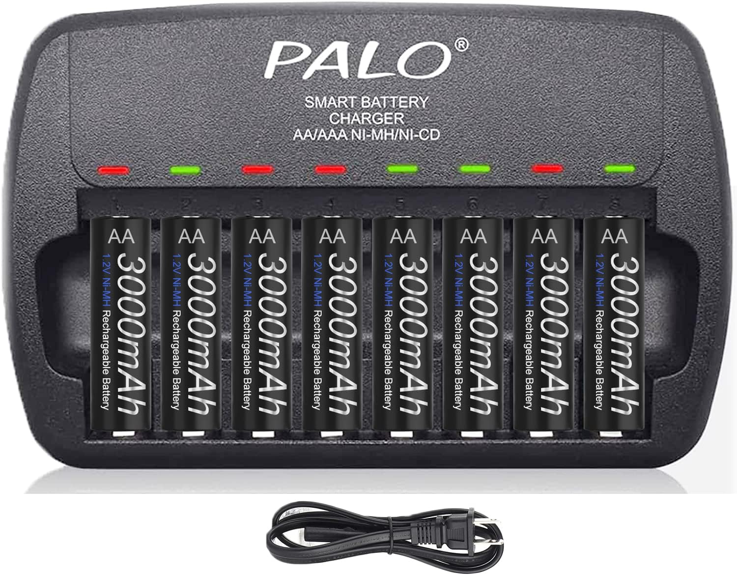 POWEROWL Lot de 8 piles AA rechargeables avec chargeur, 2800 mAh, haute ...