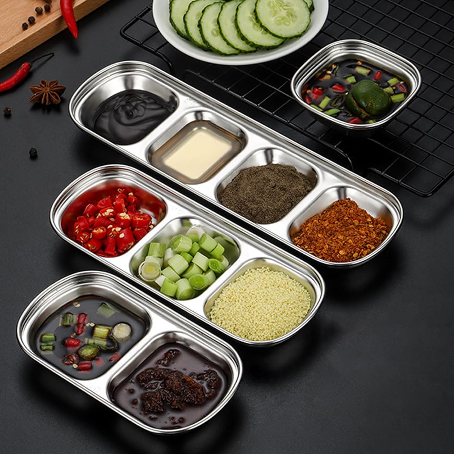 Amazon.com: 4 Pcs Stainless Steel Sauce Dish, Divided Seasoning Soy ...