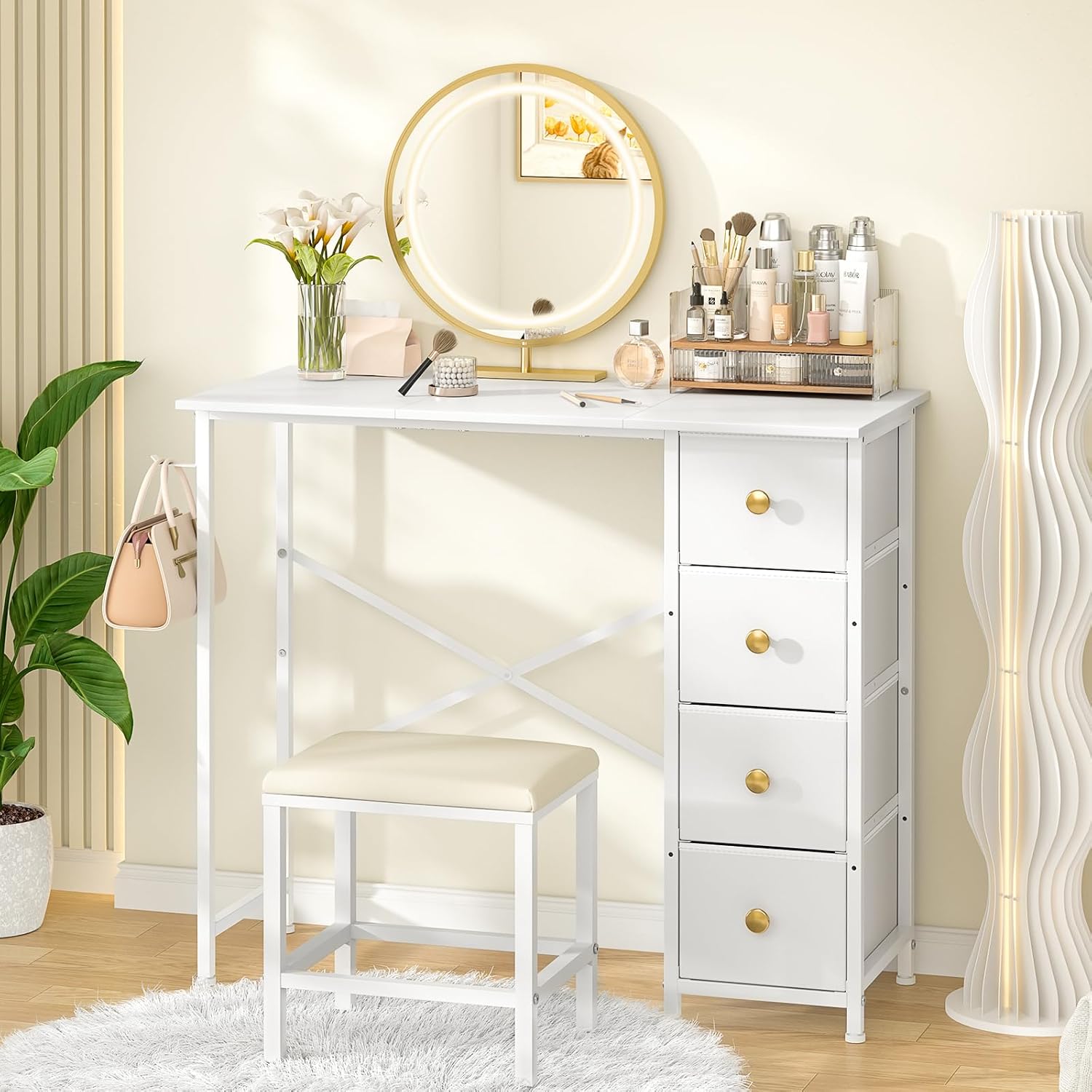 Amazon.com: Vanity Desk No Mirror, White Makeup Vanity Desk with 4 ...