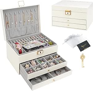 Amazon.com: DesignSter Jewelry Box,Jewelry Organizer with 2 Drawers, 3 Layers Leather Jewelry ...