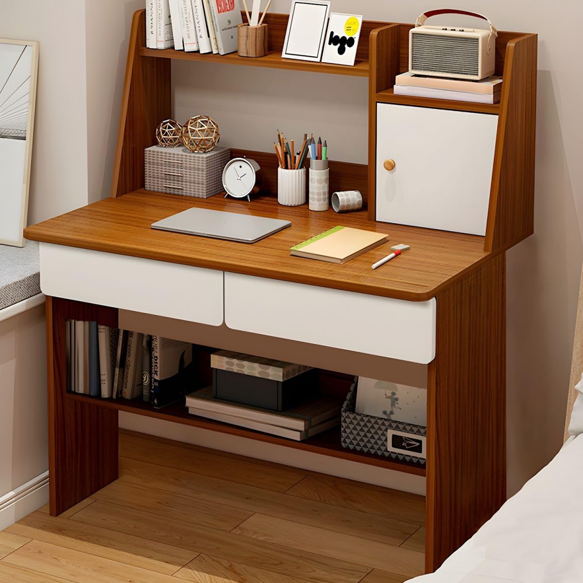 Amazon.com: KWOKING Modern Hutch Desk with Wood Top for Small Spaces ...