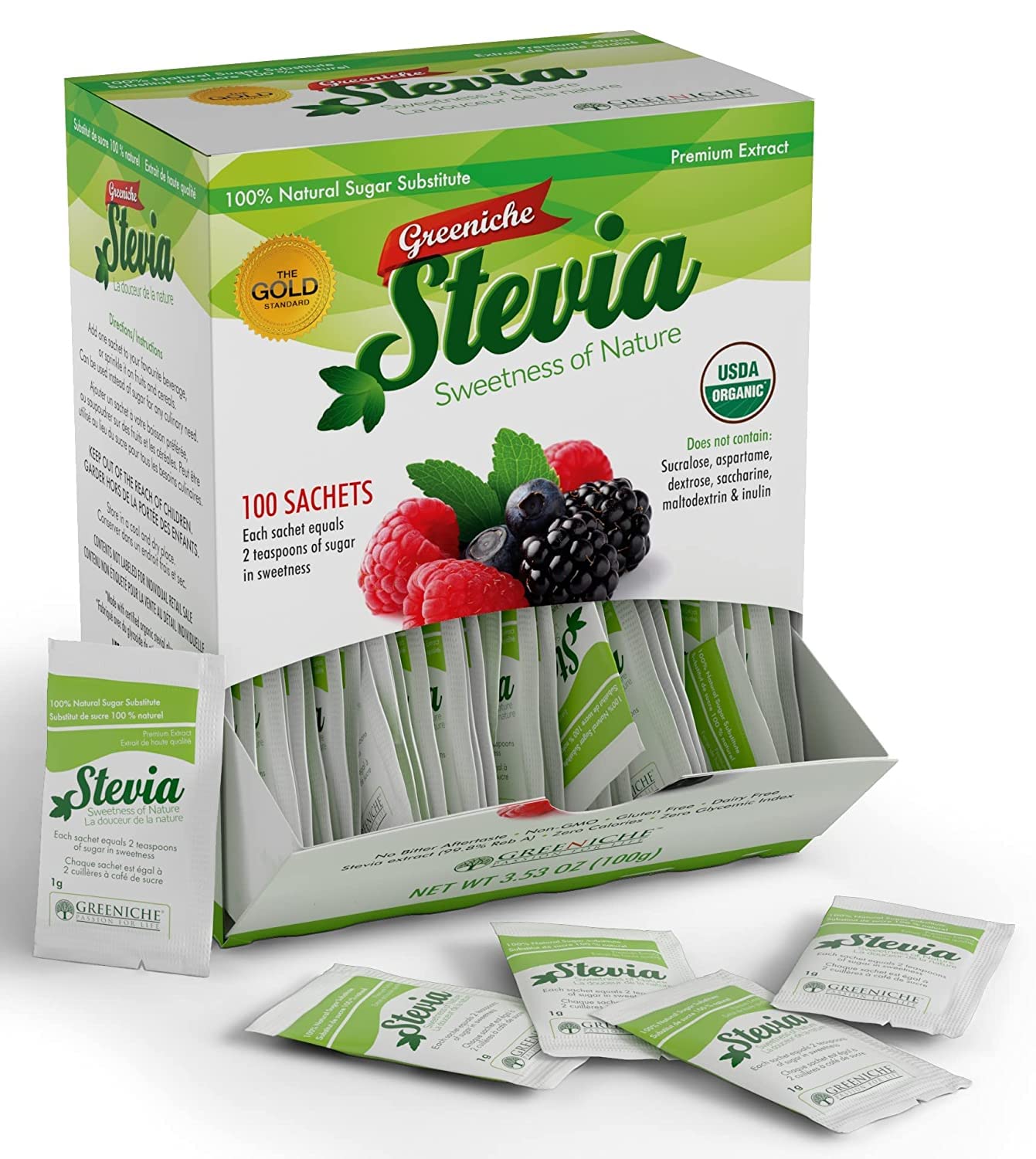 Amazon.com: Greeniche Stevia 100 Sachets, Powdered Sweetener & Food ...