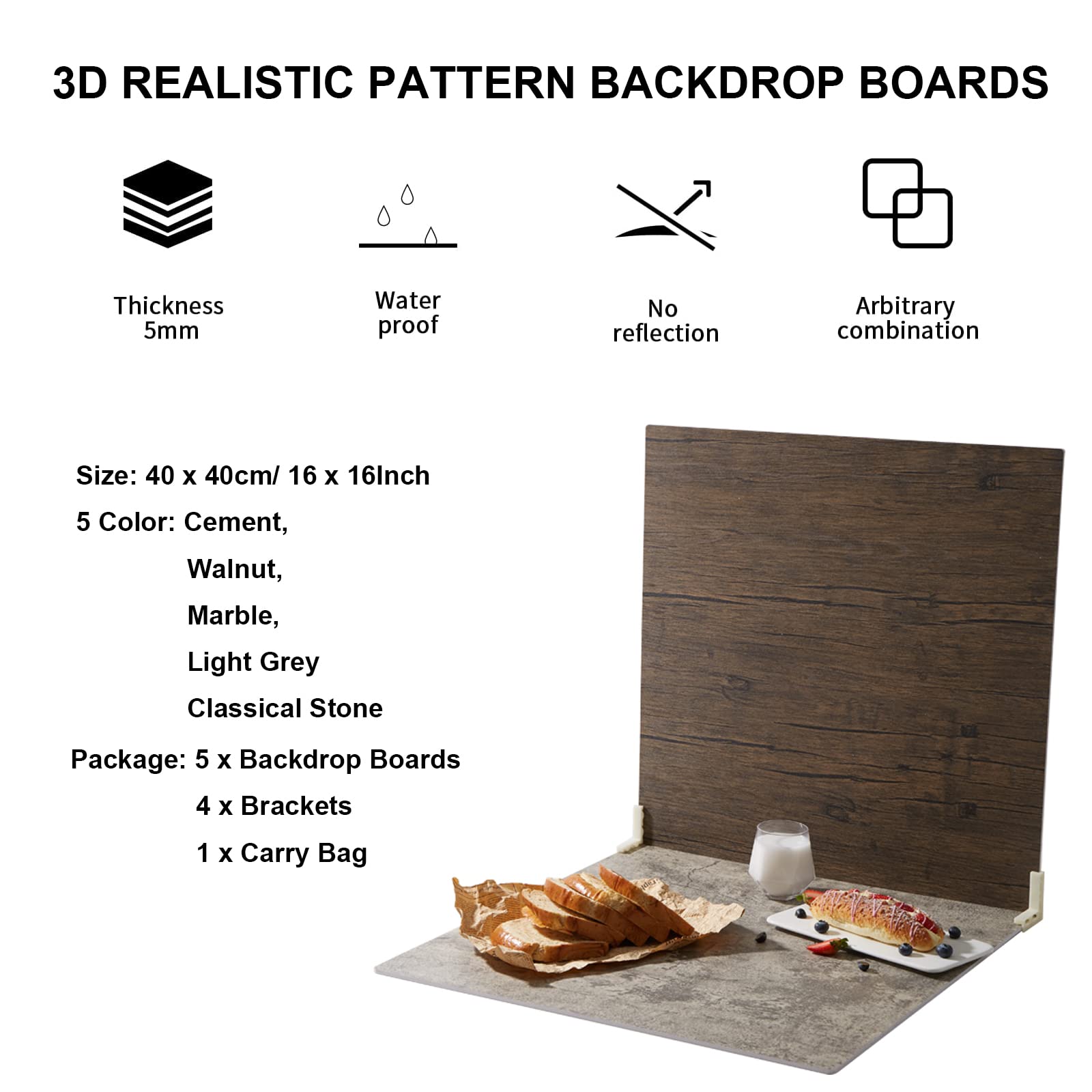 5PCS Photo Backdrop Boards with Carry Bag, 16x16Inch Marble Cement ...