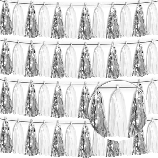 Amazon.com: 4P White Silver Tassel Banner Garland Metallic Foil Fringe ...