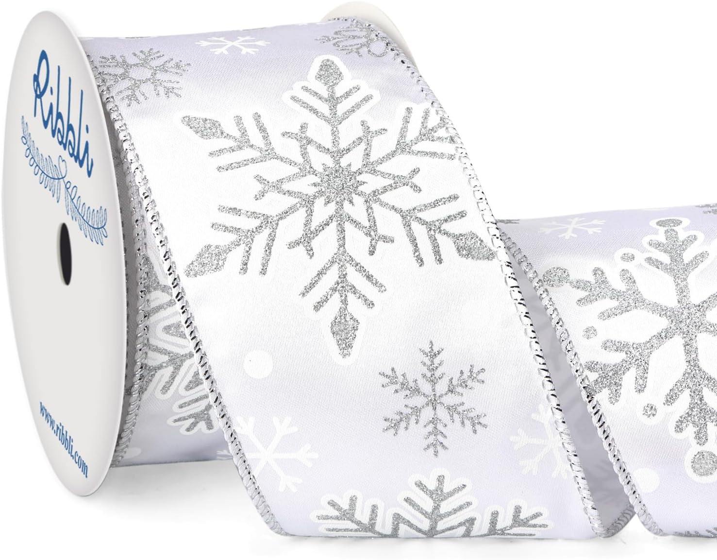 Amazon.com: Ribbli Silver Snowflake Wired Ribbon,White Satin with Big ...